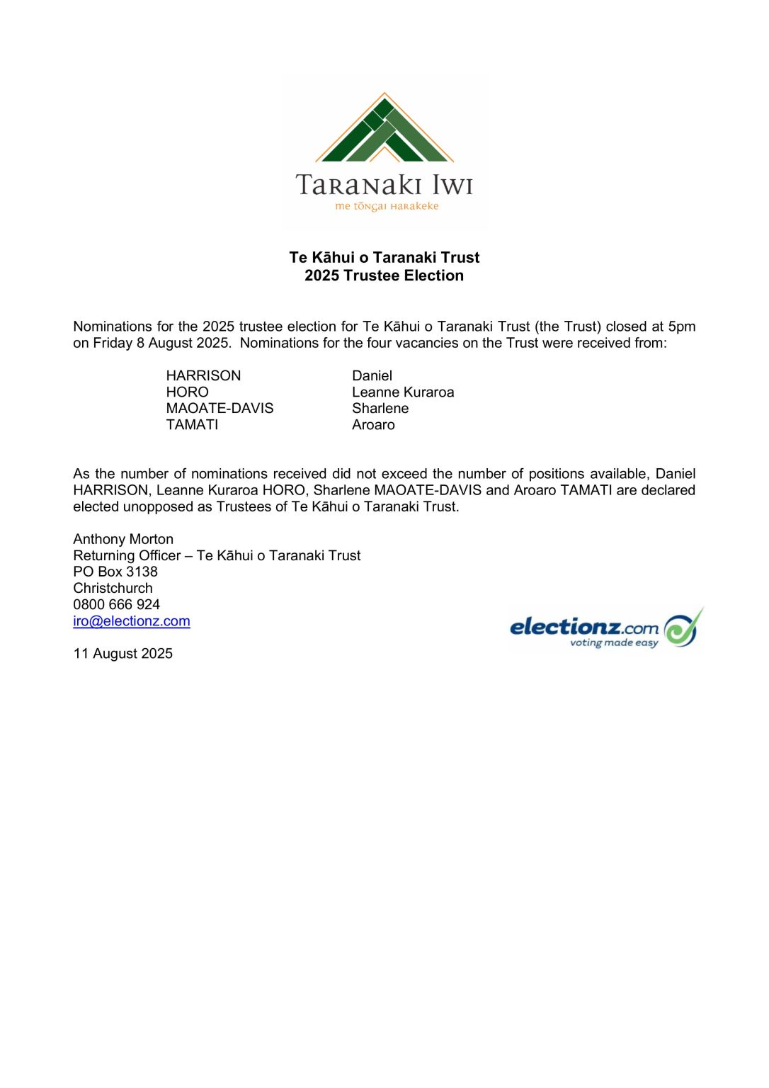 2025 Trustee Election Confirmation - Te Kāhui o Taranaki Iwi